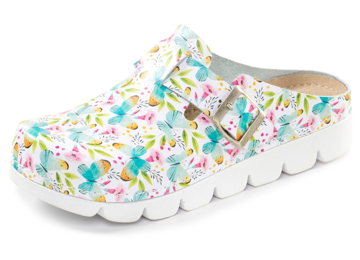 Klassische Damen-Clogs, mit anatomisch, gepolstertem Fußbett - WEISS-BUNT
